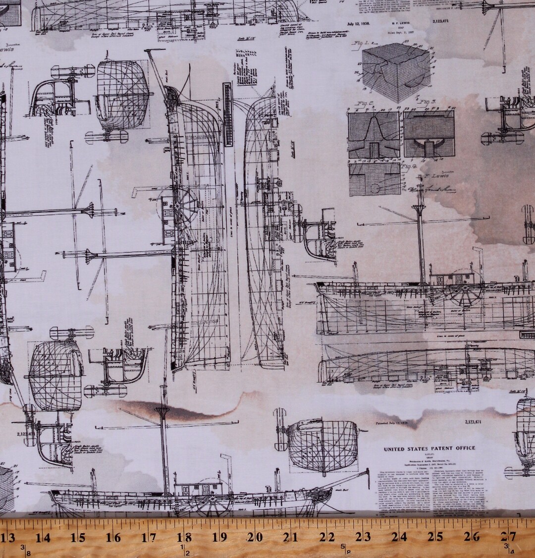 Cotton All Hands on Deck Boat Ship Blueprints Build Construct Cream ...
