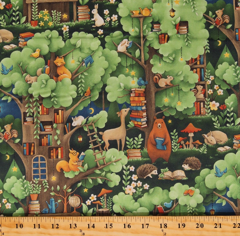 Cotton Woodland Animals Village Books Library Tree House Forest Fables ...