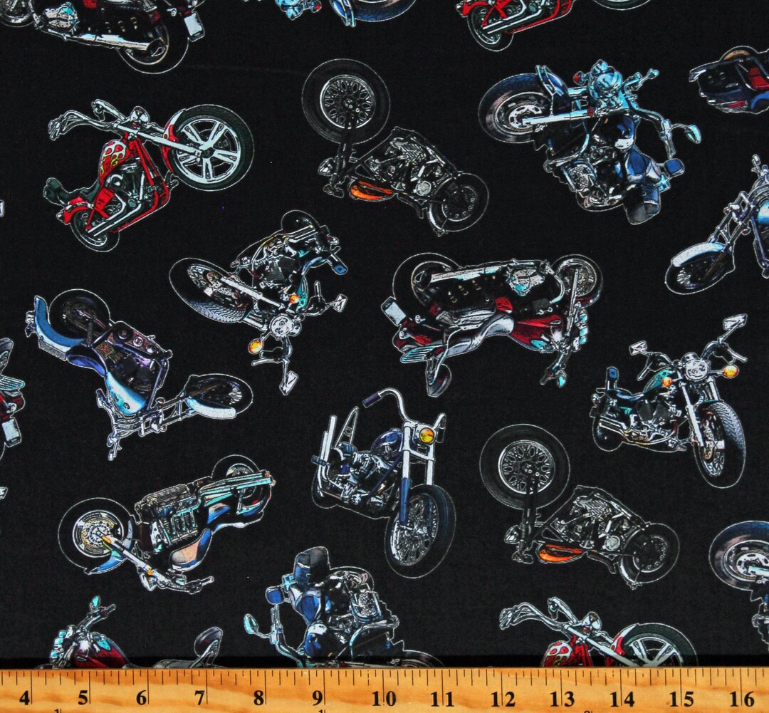 Cotton Motorcycles Motorbikes Tossed on the Road Black Cotton Fabric ...
