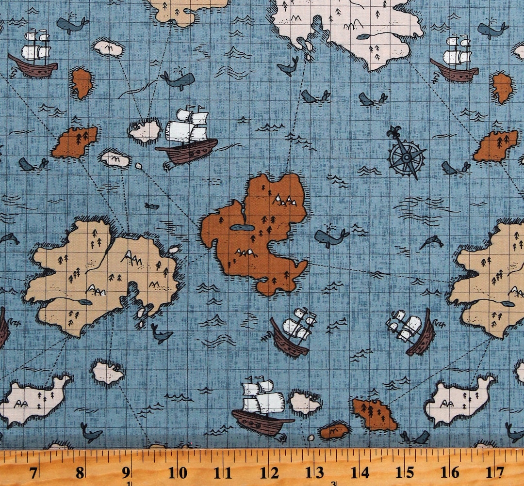 Cotton Map Islands Ships Sailing Nautical Whales Pirates Compass ...