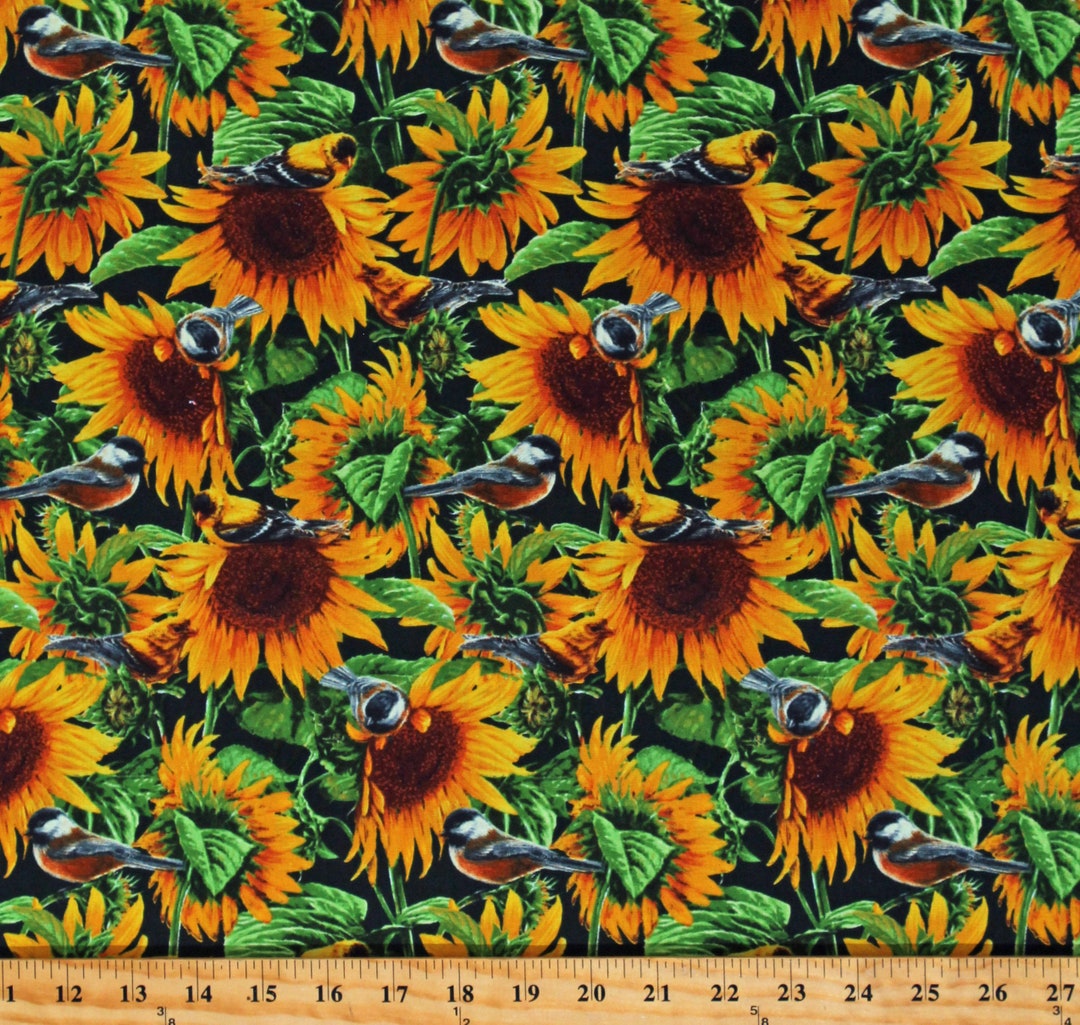 Cotton Sunflowers & Birds Flowers Floral Garden Nature Cotton Fabric ...