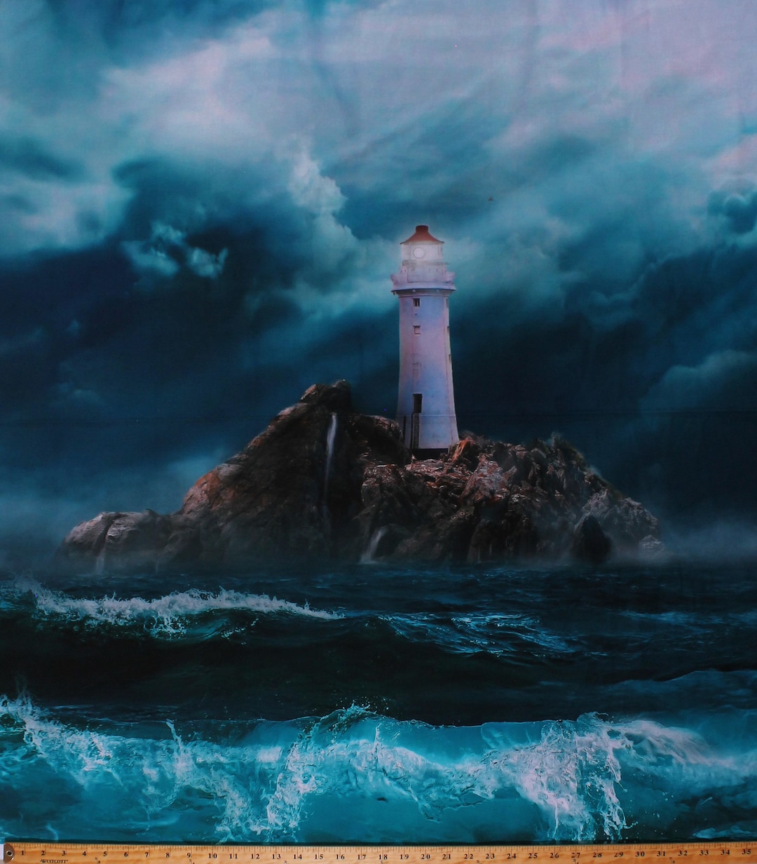 36" X 44" Panel Lighthouses Stormy Weather Ocean Beach Landscape Blue ...