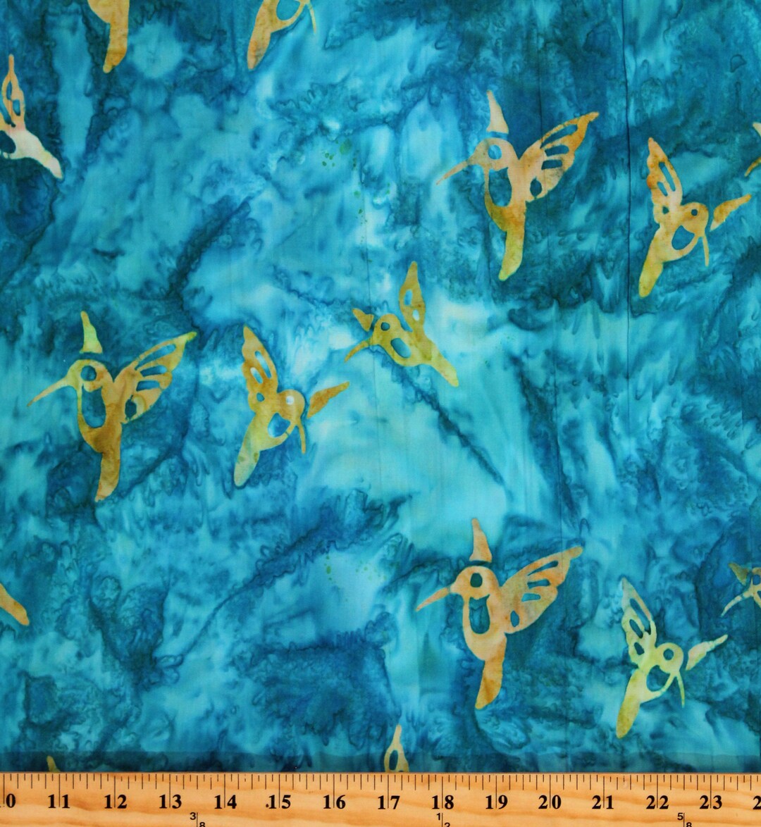 Cotton Batik Hummingbirds on Turquoise Watercolor Birds Animals ...