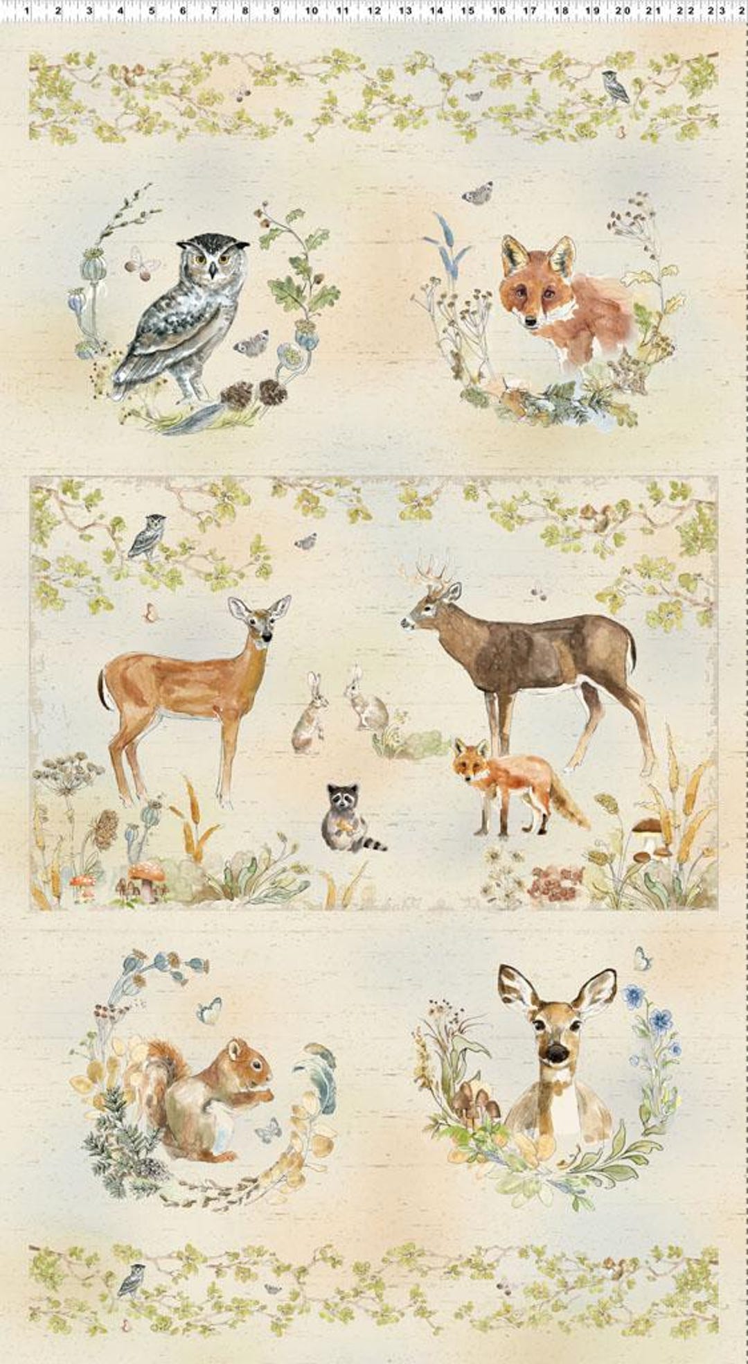 24" X 44" Panel Wildwood Woodlands Animals in Blocks Botanicals Light ...