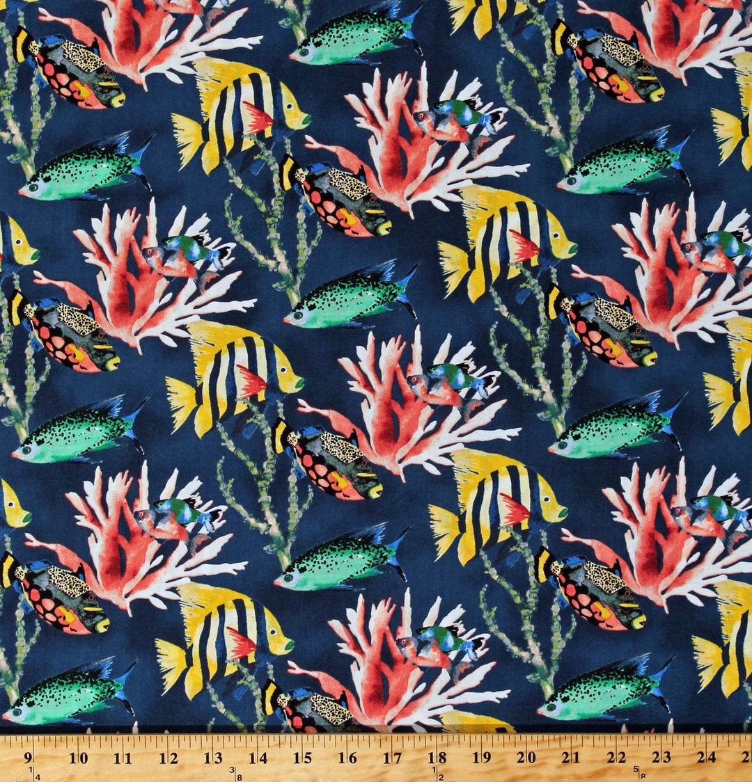 Cotton Tropical Fish Fishes Ocean Sea Blue Coral Reef Plants Nautical ...