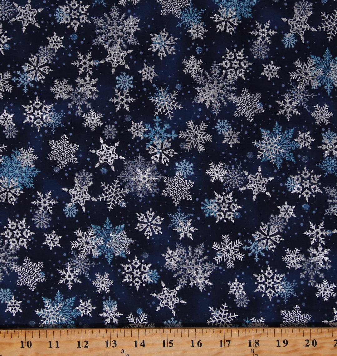 Cotton Snowflakes Snow Winter Christmas Seasonal Holiday Navy Metallic ...