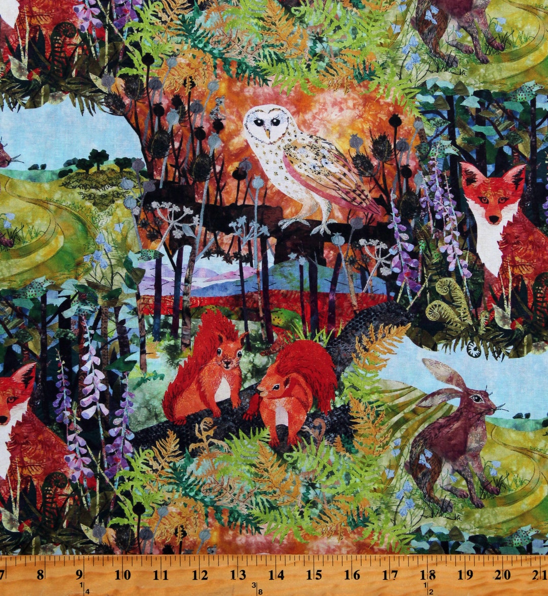 Cotton Woodland Animals Forest Creatures Foxes Owls Down in the Woods ...