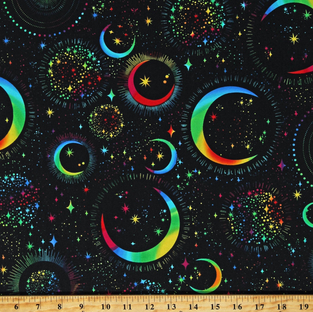 Cotton Rainbow Moons and Stars Space Galaxy Night Sky Hoot Rocks Multi ...