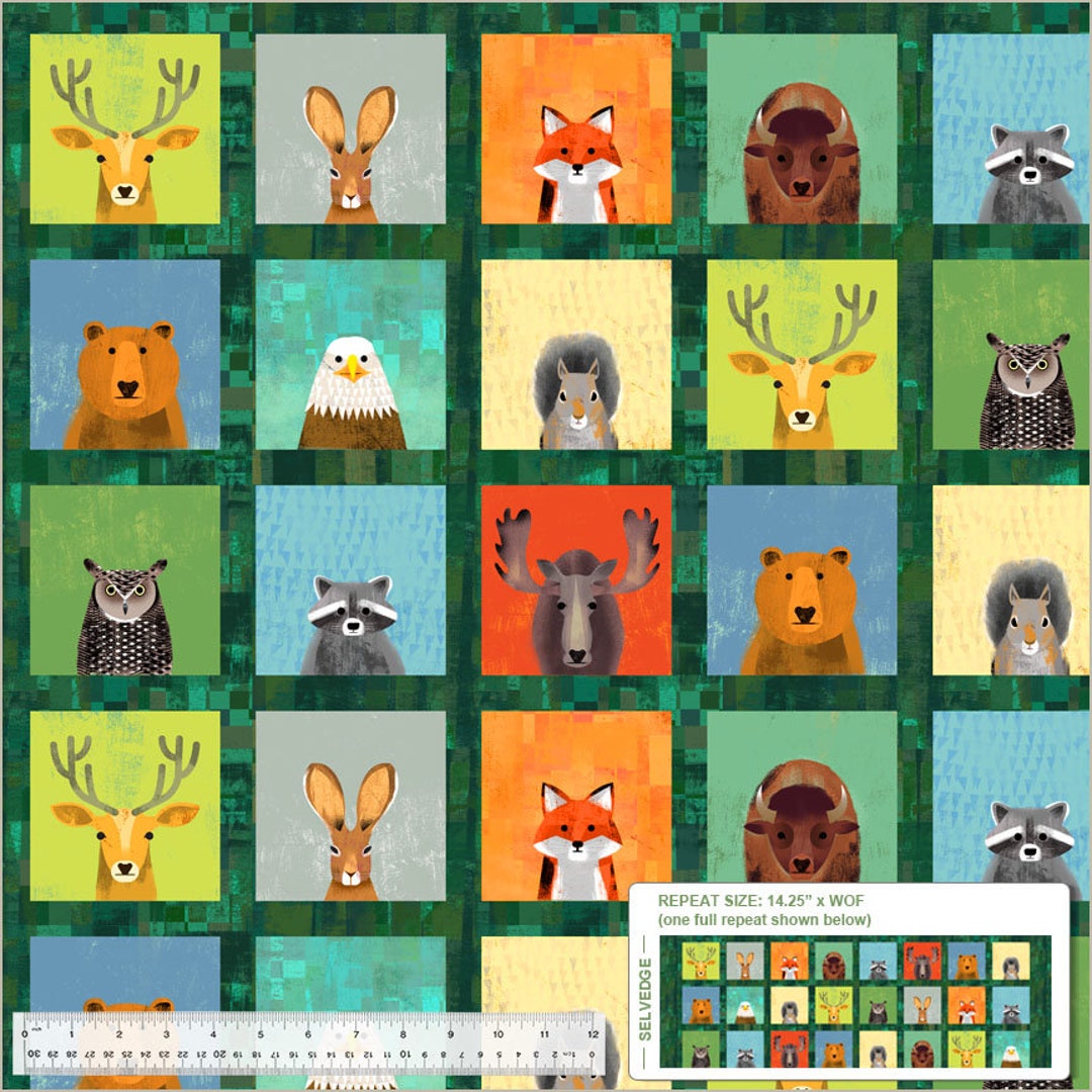 14.25" X 44" Panel Wildlife Portraits Woodland Animals Wild North Green ...