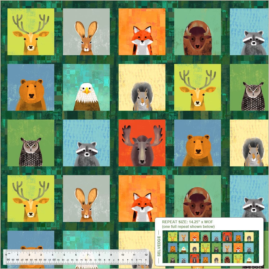 14.25" X 44" Panel Wildlife Portraits Woodland Animals Wild North Green ...