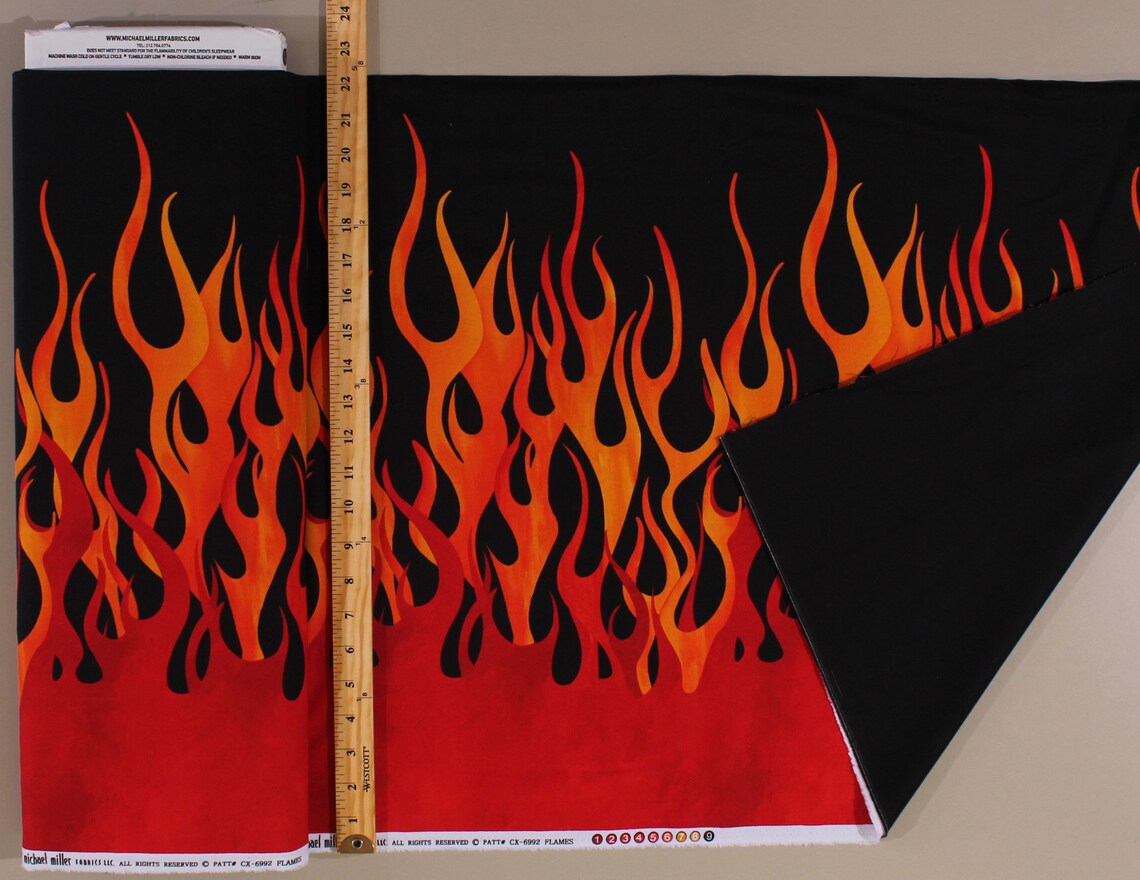 Cotton Flames Fire Border Print Black Cotton Fabric Print by the Yard ...