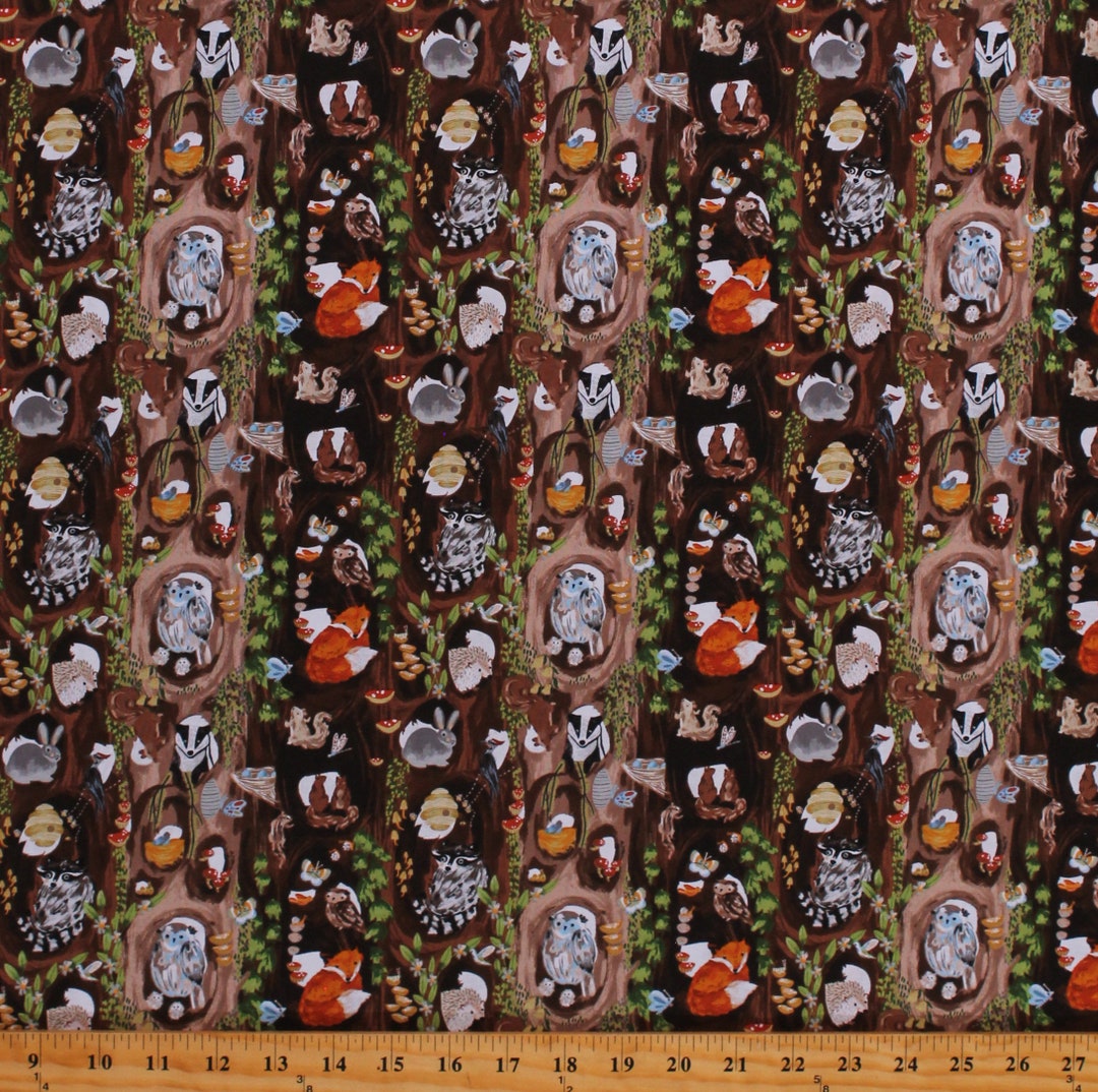 Cotton Forest Critters Woodland Animals in Trees Holes Owls Foxes ...