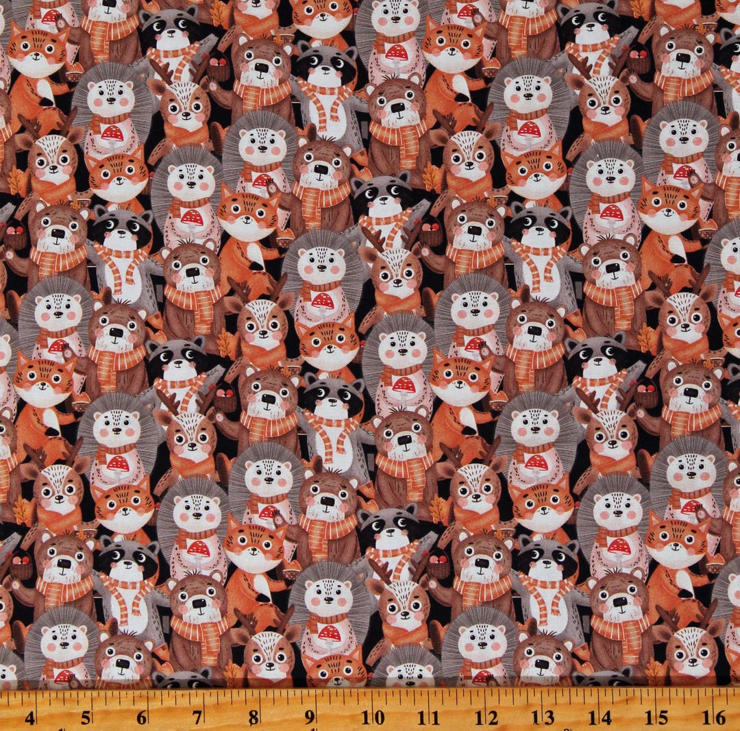 Cotton Cute Woodland Animals Wearing Scarves Cheerful Cheeks Multicolor ...