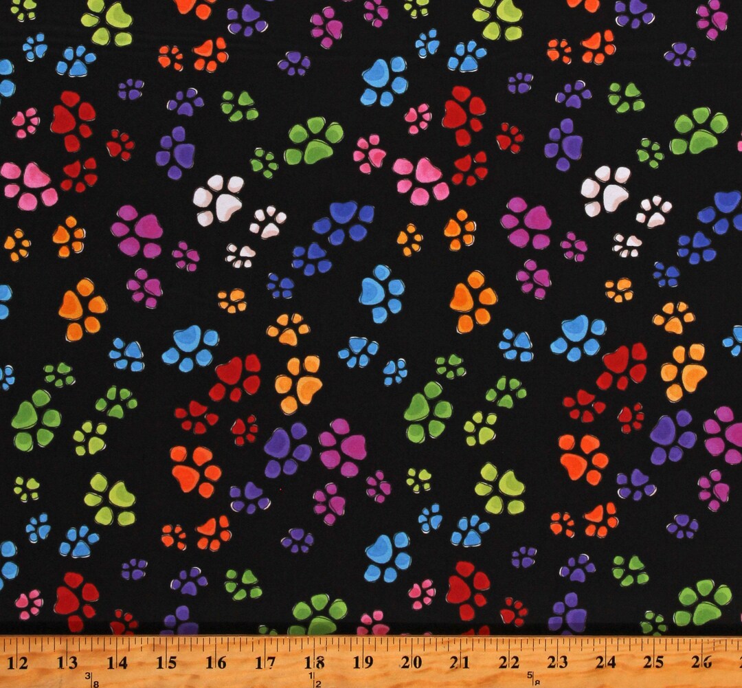 Cotton Go Paws Dog Puppies Animals Pets Prints Tracks Black Cotton ...