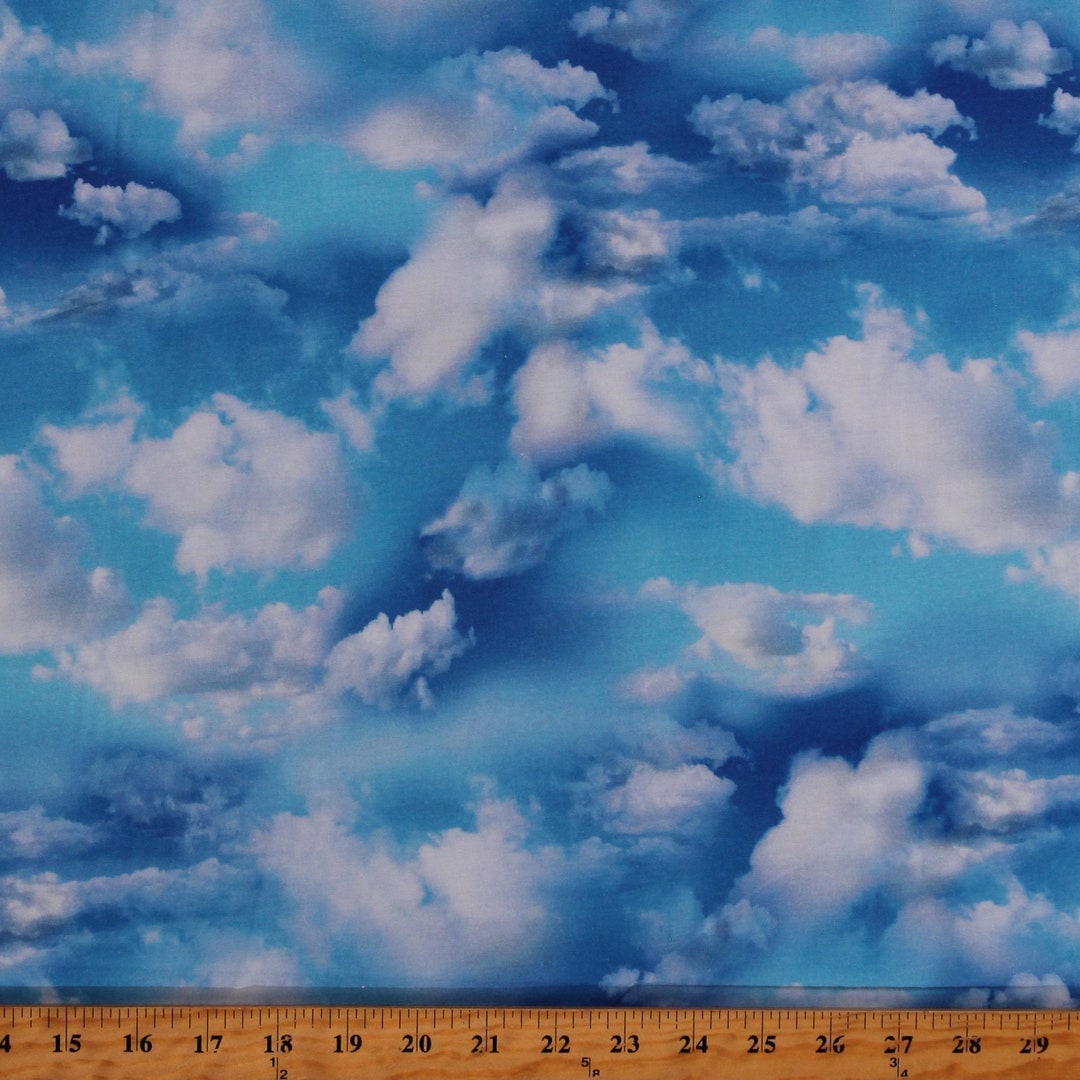 Cotton Clouds in a Bright Sky Nature Landscape Blue Cotton Fabric Print ...