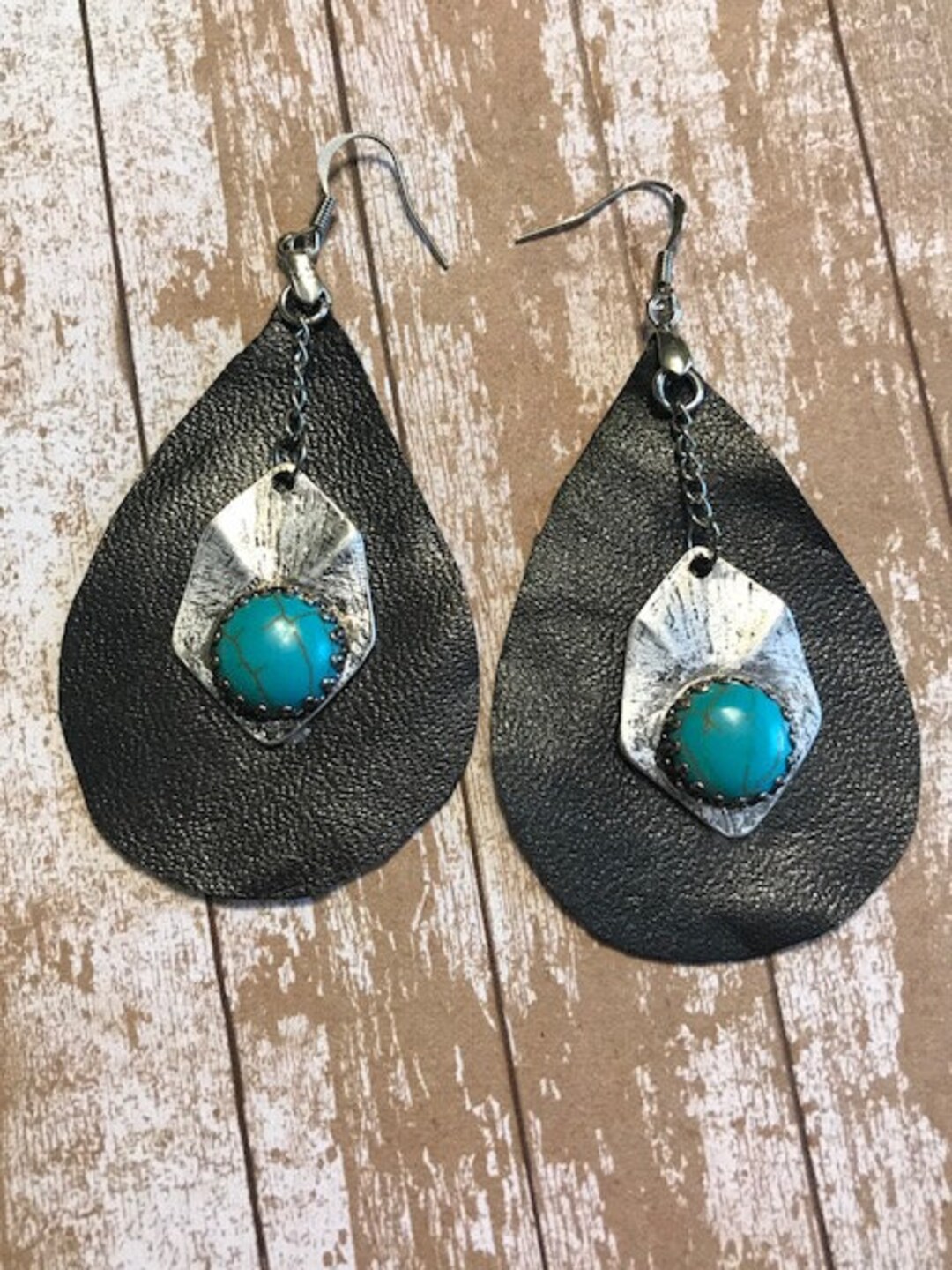 Black Leather Teardrop Earring With Gun Metal Silver and Turquoise Drop ...