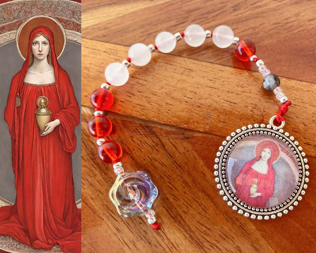 Mary Magdalene Chaplet Red Glass and White Jade Hand Crafted Medallion ...