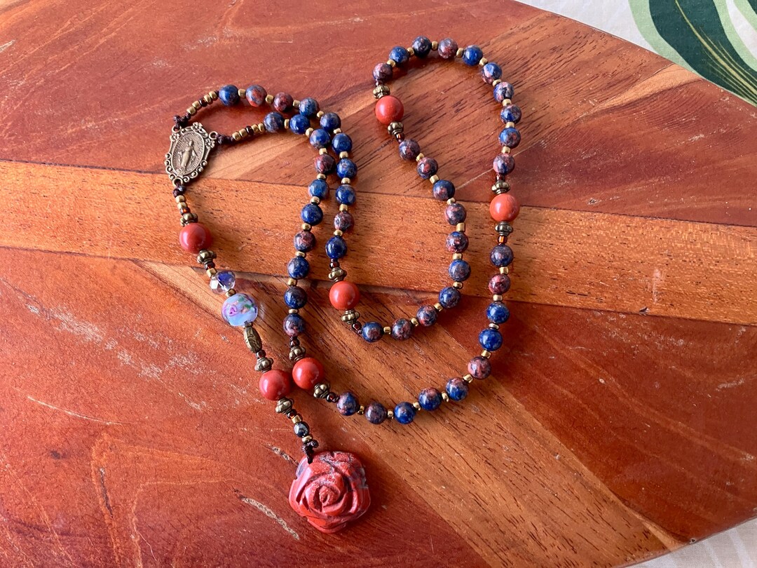 Red and Blue Miraculous Mother Mary Gemstone Nontraditional Rosary With ...