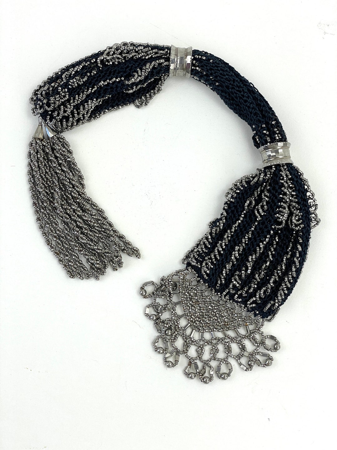 1800's Navy Blue Victorian Misers Purse Hand Crocheted and Beaded With Silver Beaded Tassels and ...