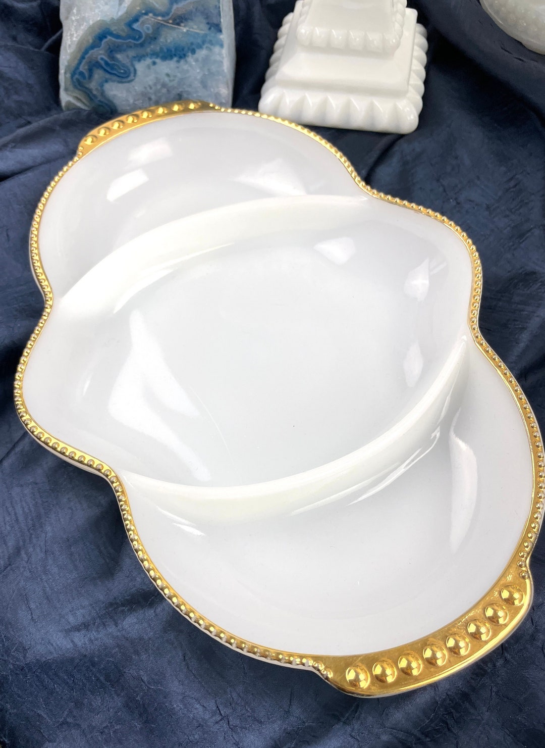 1950s Fire King Oven Ware Milk Glass Divided Jewelry Trinket Candy Dish ...