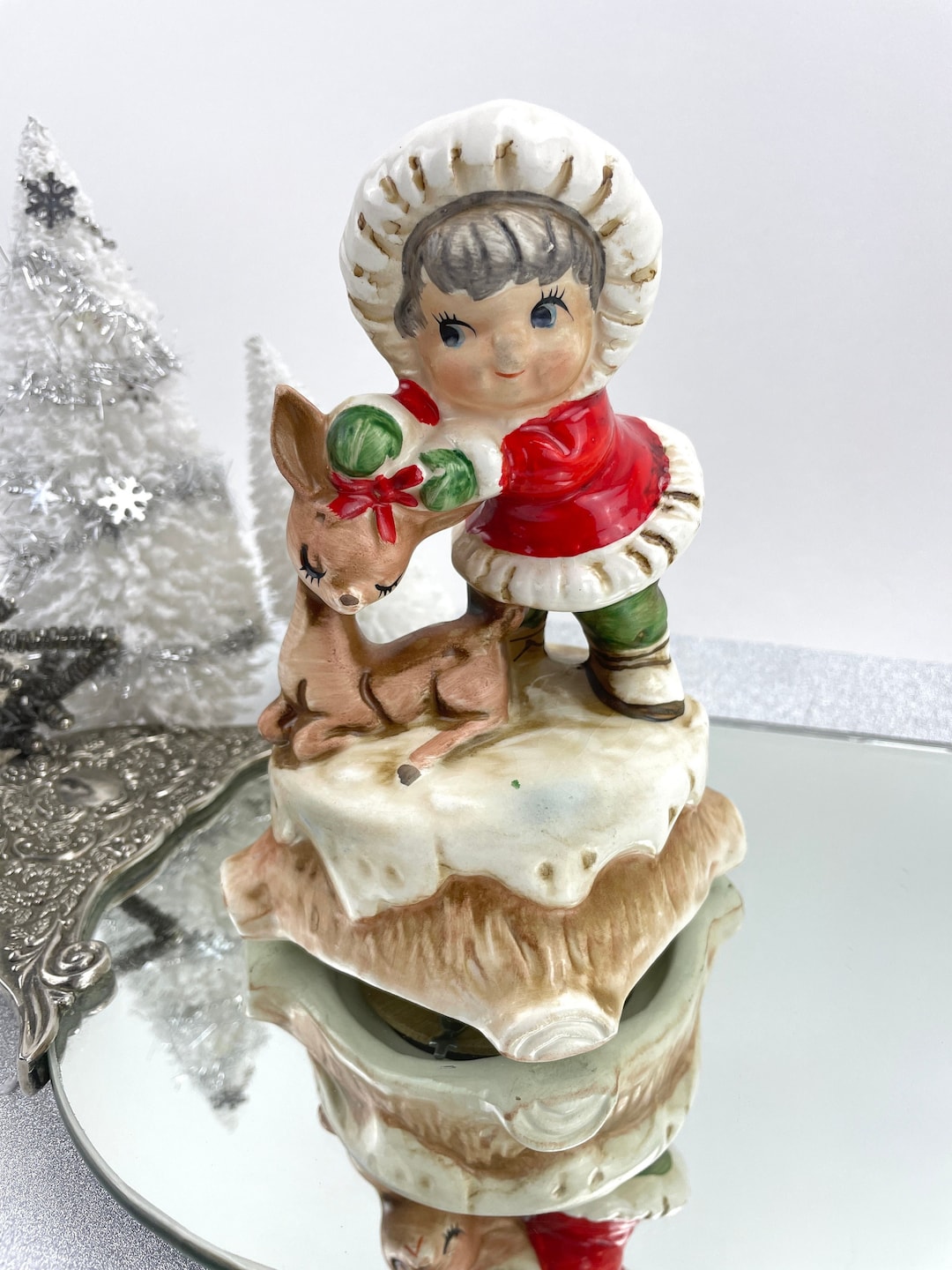 1950s Lefton Ceramic Eskimo Girl With Deer Working Music Box Christmas ...