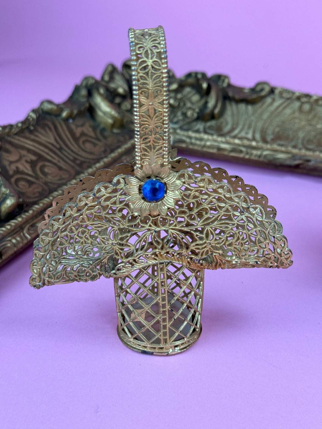 1950s Gold Ormolu Filigree Decorative Basket With Blue Rhinestone ...