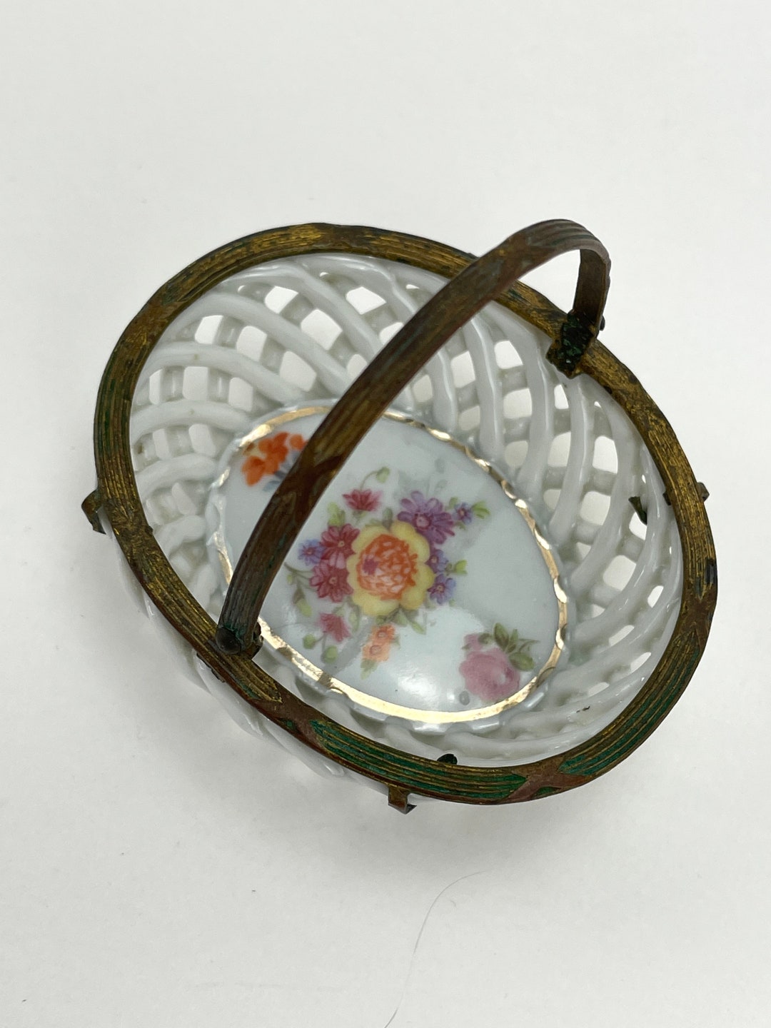 1950s Miniature Porcelain Basket: Floral Trinket Dish With Brass Handle ...