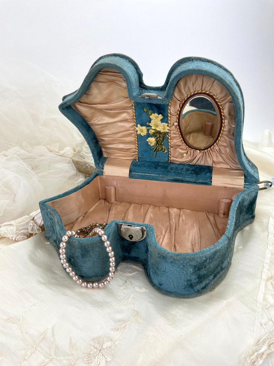 1800s Antique French Blue Velvet Covered Jewelry / Sewing Box With ...