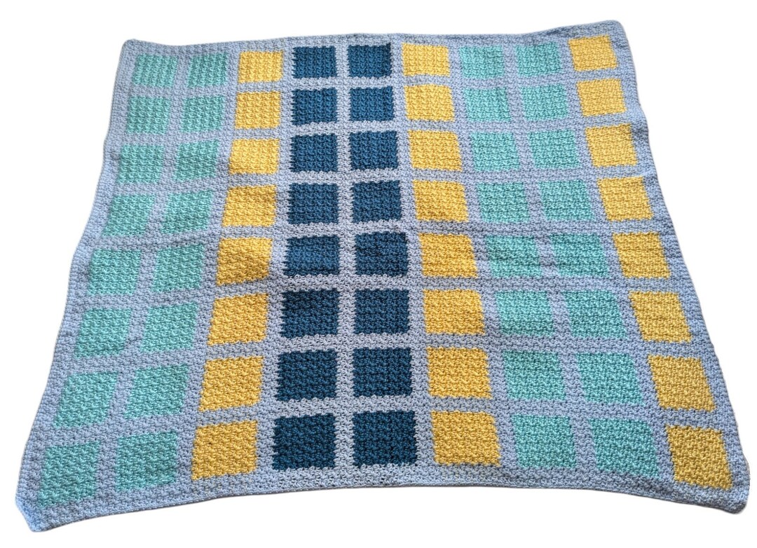 Blue & Yellow Grid Baby Blanket crochet - Etsy