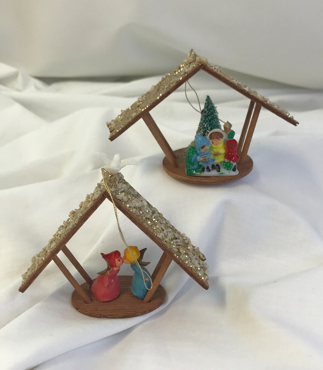 Set of 2 Vintage Wooden Nativity Crèche Ornaments With Angels ...