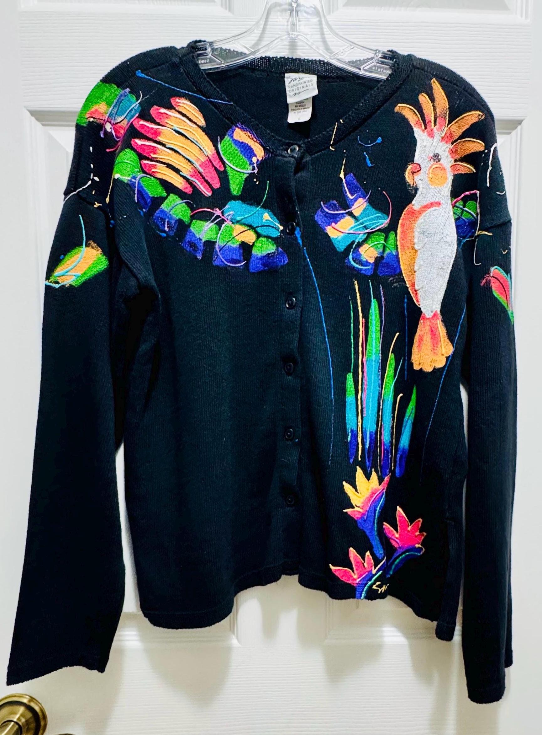 Vintage Handpainted Cardigan: Tropical Bird Floral Design, Size Small ...