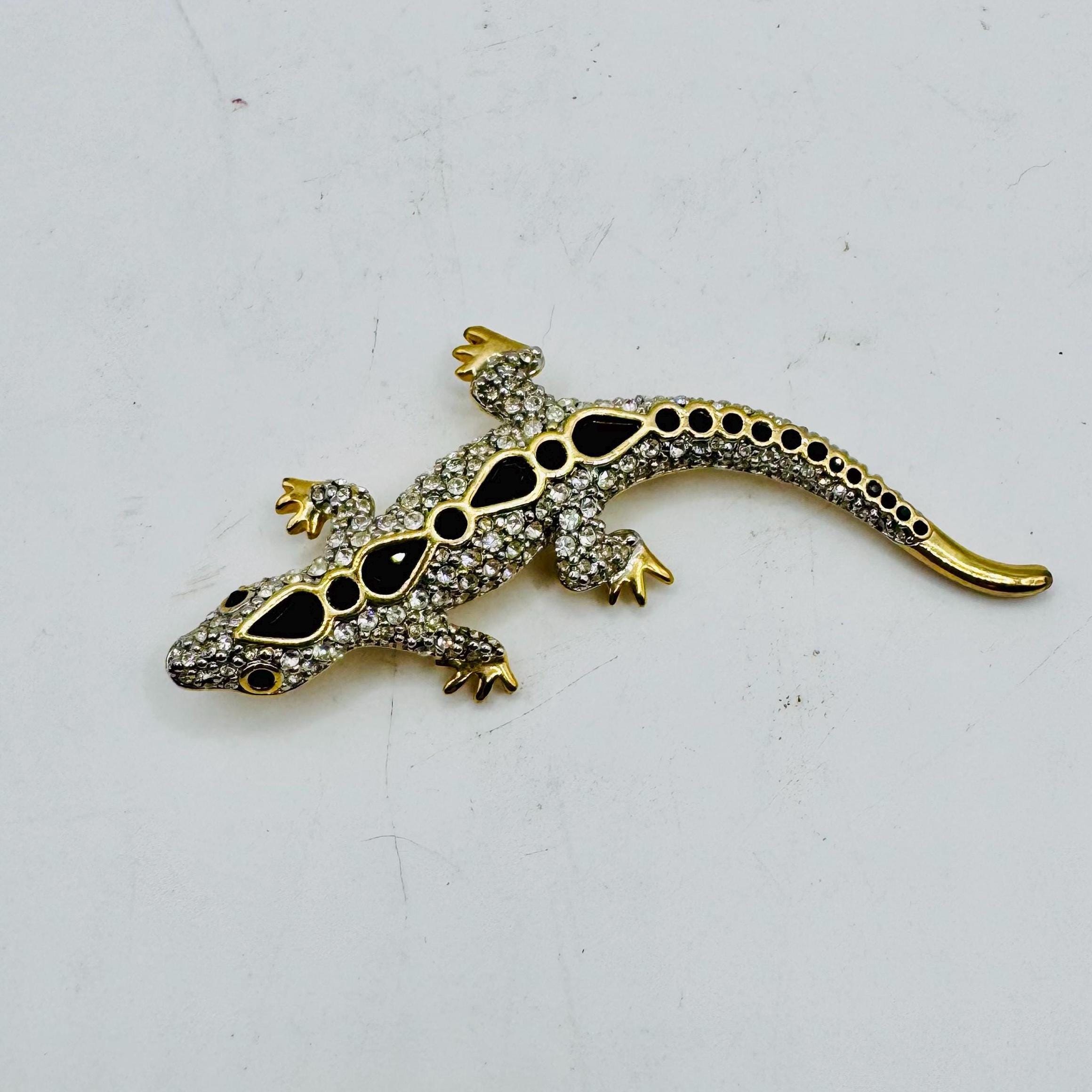 Sparkly Lizard Brooch – Rhinestone Gecko Pin With Black & Clear ...