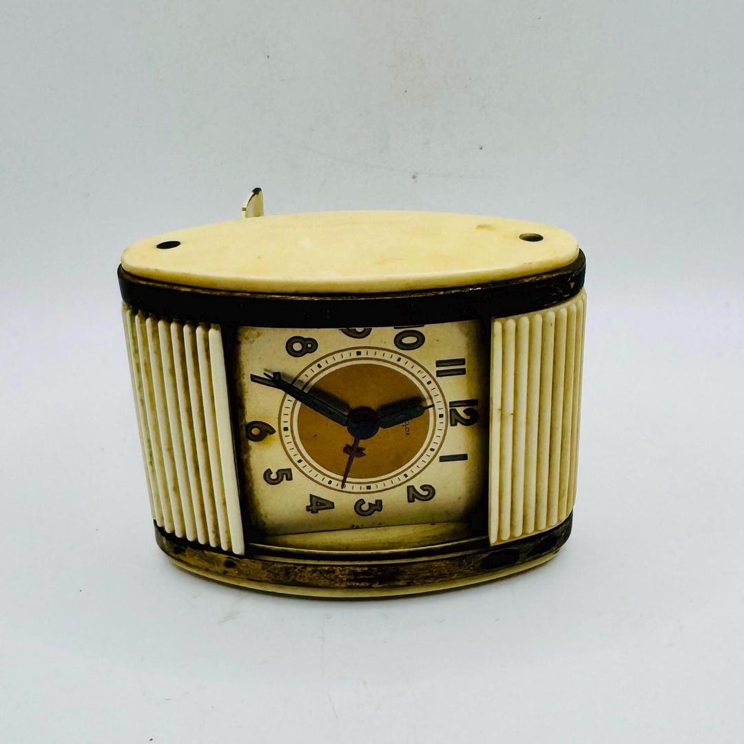 Art Deco Style Vintage Alarm Clock – Ivory & Brass Mid-century Wind-up ...