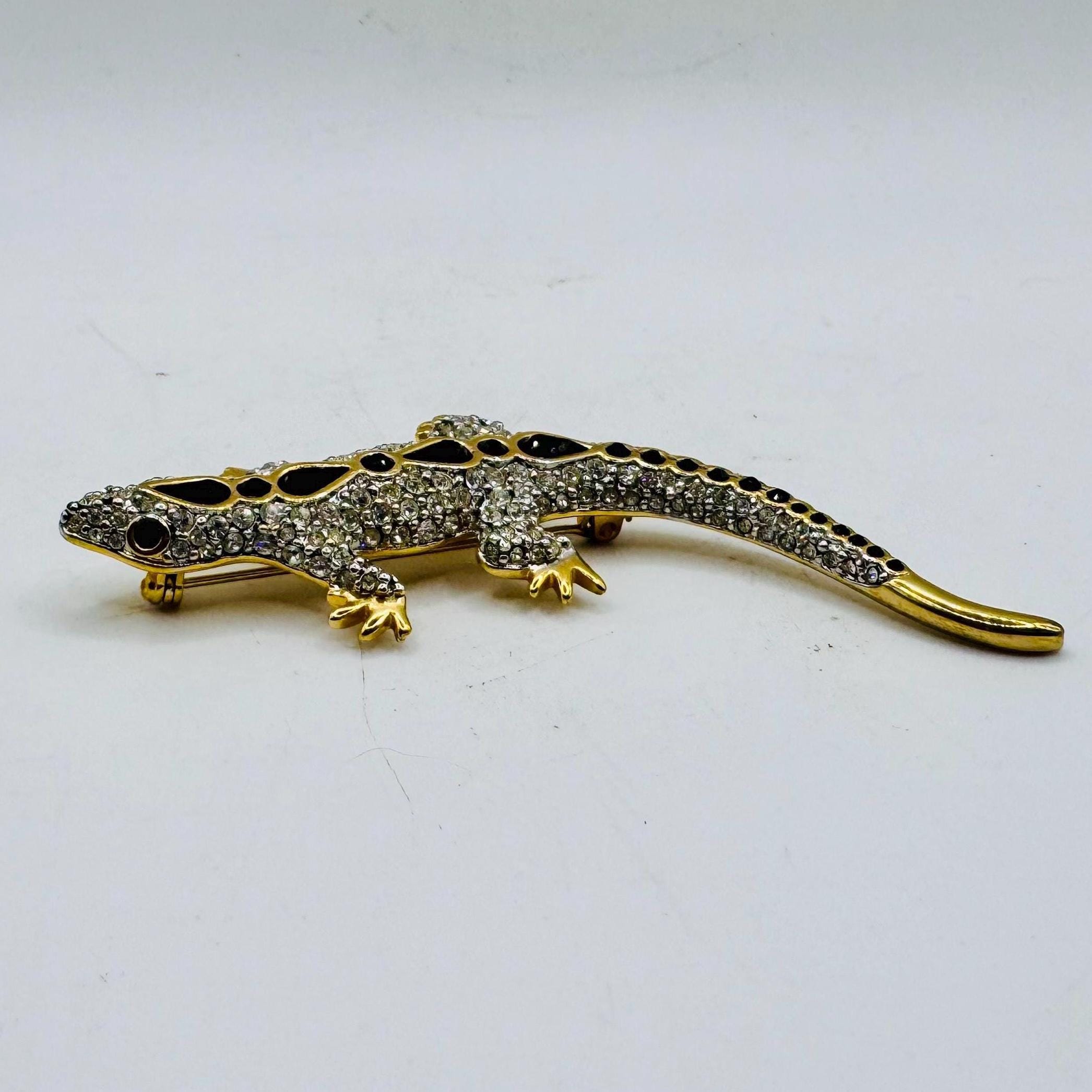 Sparkly Lizard Brooch – Rhinestone Gecko Pin With Black & Clear ...