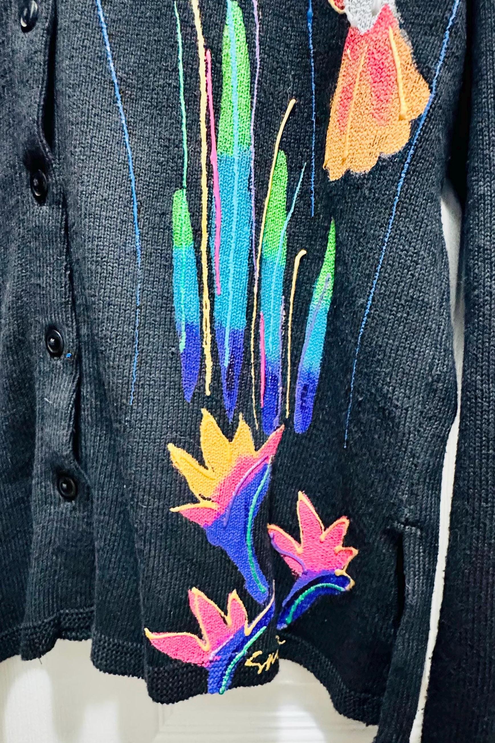 Vintage Handpainted Cardigan: Tropical Bird Floral Design, Size Small ...