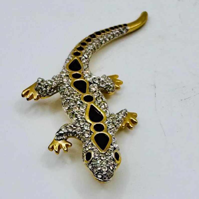 Sparkly Lizard Brooch – Rhinestone Gecko Pin With Black & Clear ...