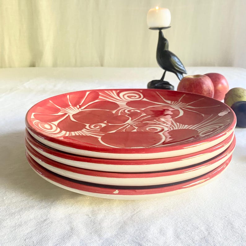 Hand-painted Hibiscus Vintage Plate Set: Red Floral Pottery, Set of 4 ...