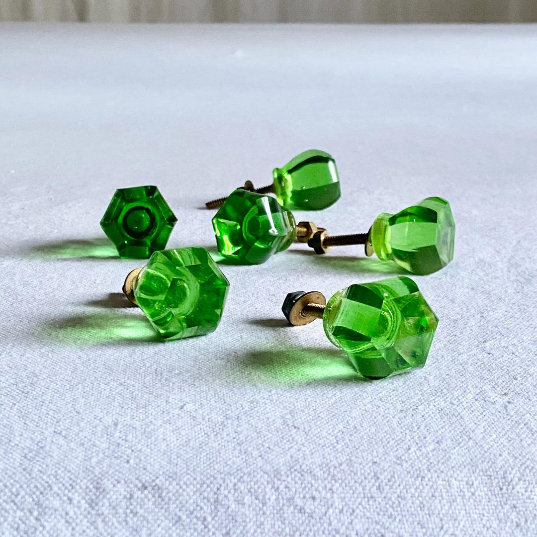 Set of 6 Emerald Green Glass Cabinet Knobs · Faceted Hex Shape With ...