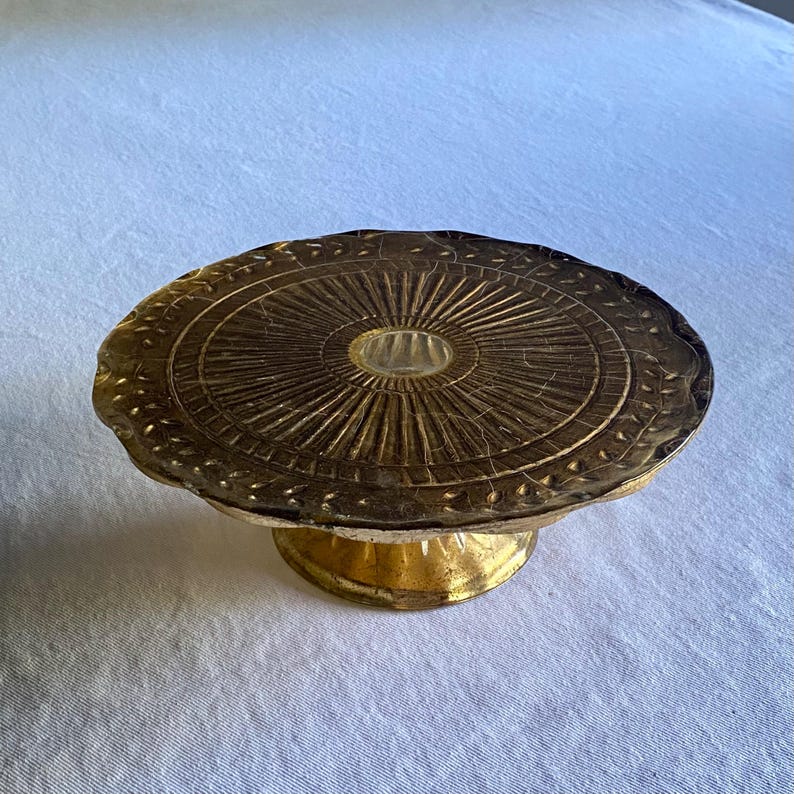Vintage Gold Leaf Glass Cake Stand: Embossed Sunburst Design, Hollywood ...