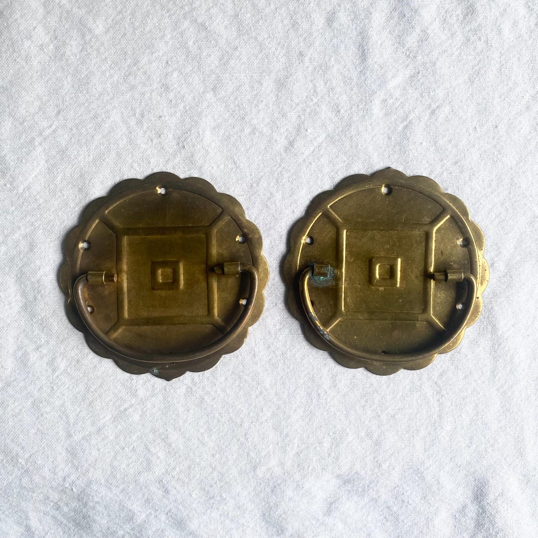 Pair of Vintage Brass Drop Ring Pulls · 4.25" Wide Scalloped Backplates ...