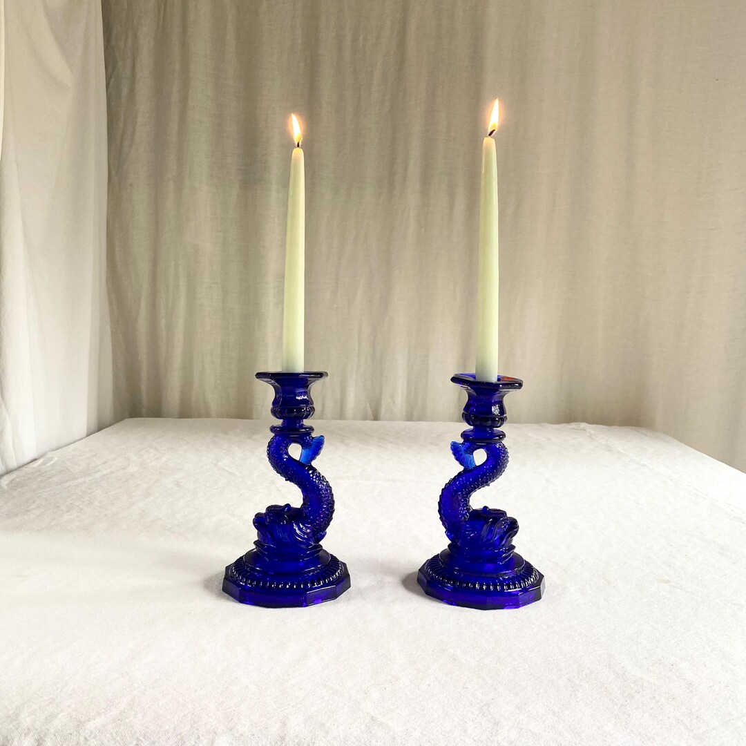 Vintage Cobalt Blue Dolphin Candlesticks: Maritime Victorian Pair - Etsy
