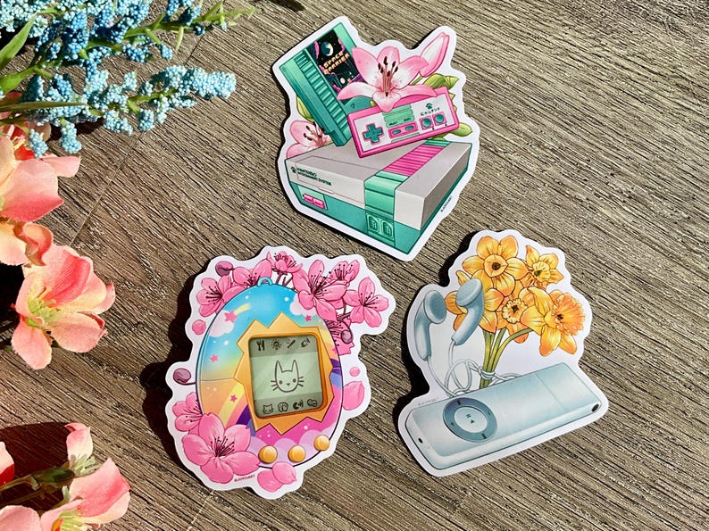 Pastel Nostalgia Stickers: 90s Tech, Kawaii Floral Vinyl Decals - Etsy