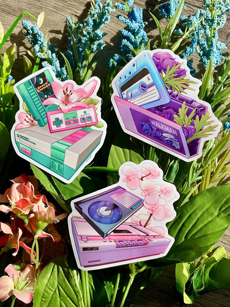 Pastel Nostalgia Stickers: 90s Tech, Kawaii Floral Vinyl Decals - Etsy