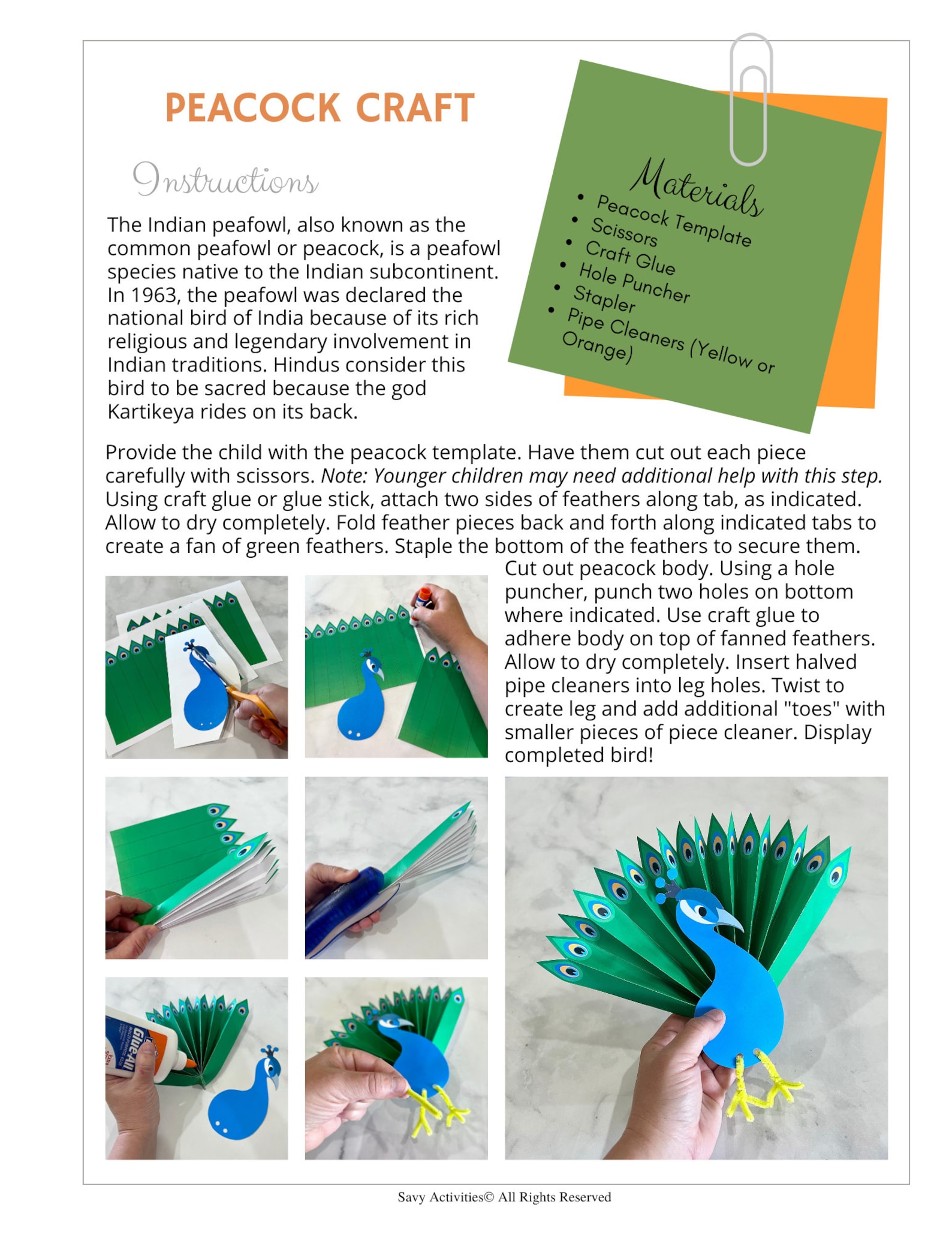 PEACOCK Peafowl Bird Craft W/printable Pieces & Step-by-step ...