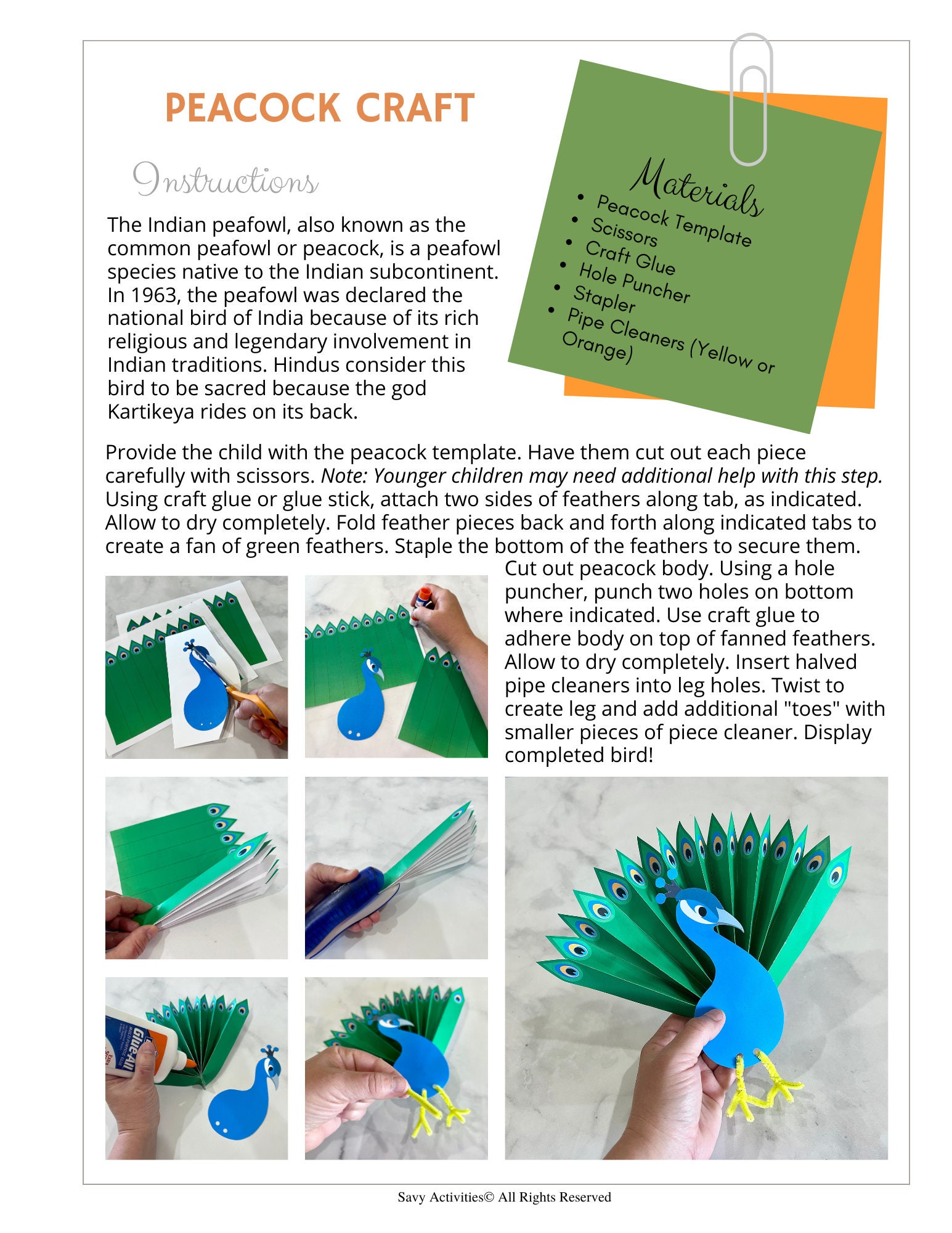 PEACOCK Peafowl Bird Craft W/printable Pieces & Step-by-step ...
