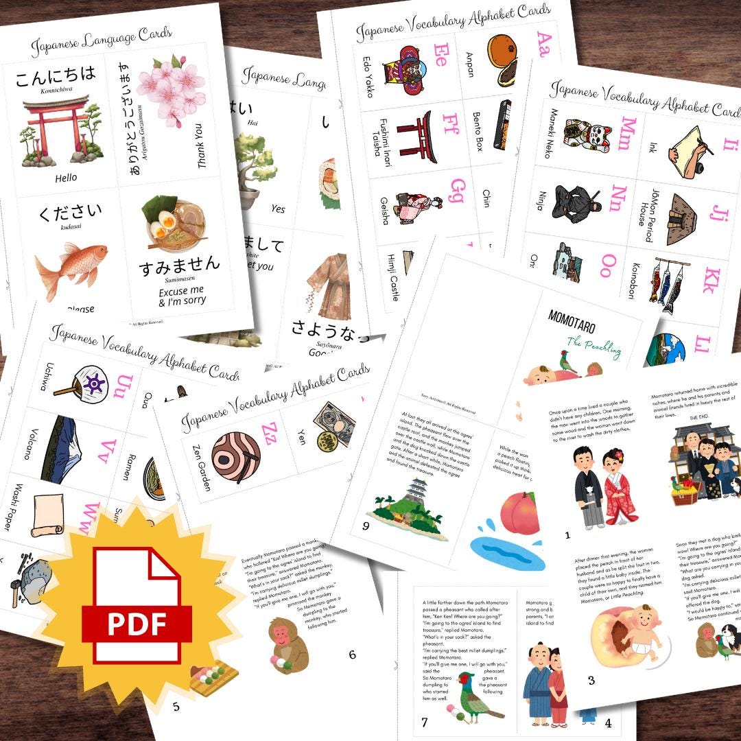 JAPAN Japanese Alphabet Vocabulary Abcs Language Phrase Cards Momotaro ...