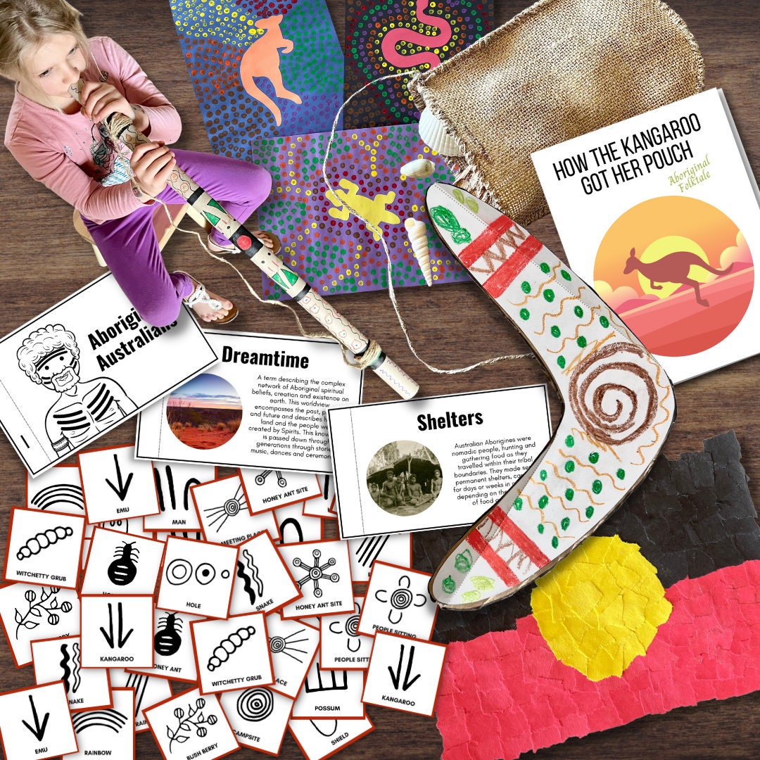AUSTRALIA Aboriginal People Study Bundle Boomerang, Dilly Bag Dot Art ...