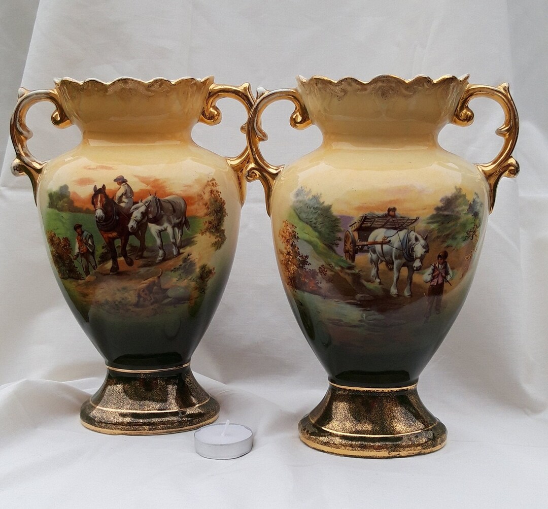 Beautiful Pair of Vintage, Hand Painted Green Vases With Gold Gilt ...