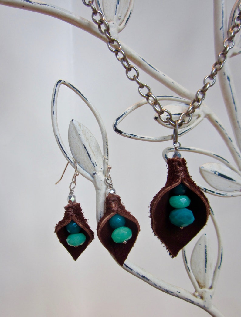 Brown Leather & Teal Mountain Jade Flower Earrings, Leather Leaf, Calla ...