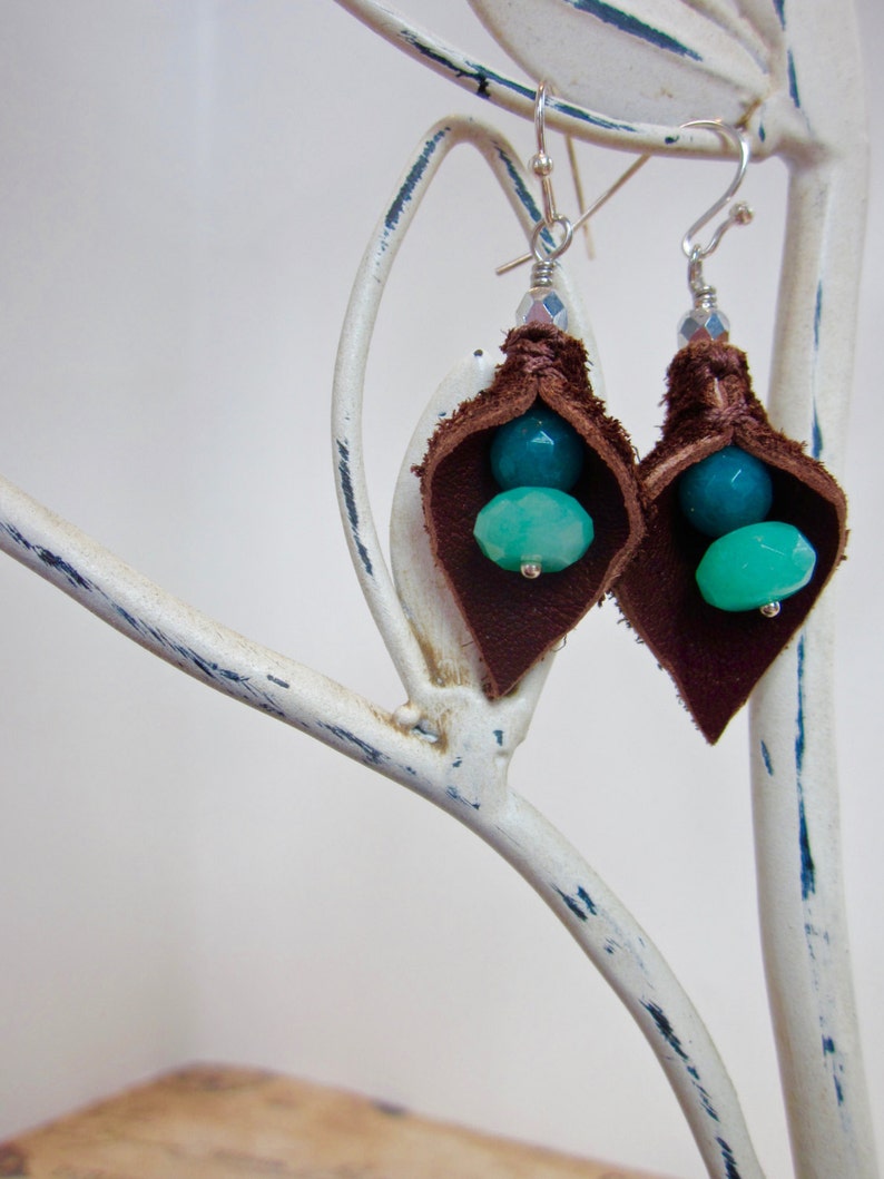 Brown Leather & Teal Mountain Jade Flower Earrings, Leather Leaf, Calla ...